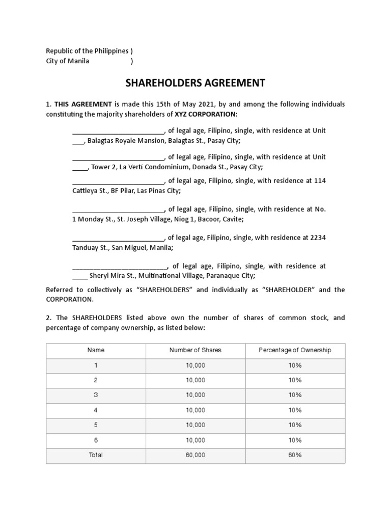 Shareholders Agreement | PDF | Stocks | Philippines