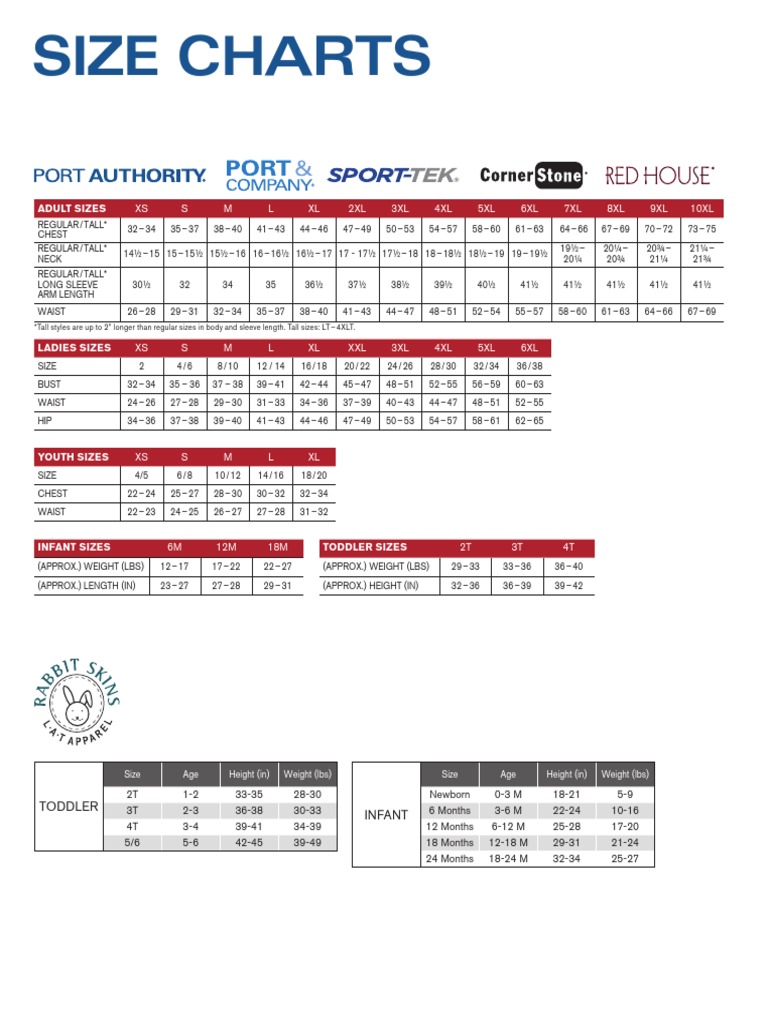Port Authority Size Chart | Download Free PDF | Clothing | Human Appearance