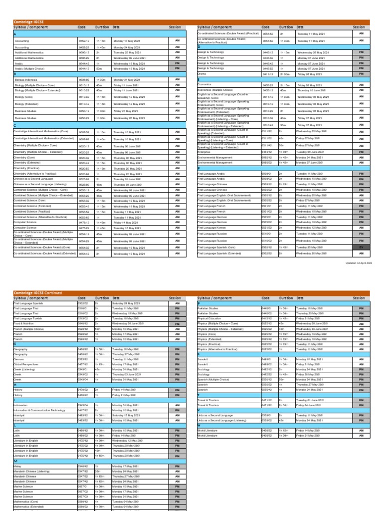 Revised Cambridge IGCSE & O Level Timetable (Pakistan) - 12 April 2021 ...