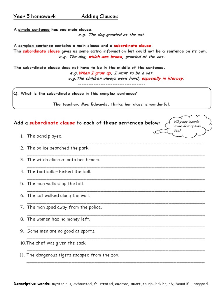 Year 5 Homework Adding Clauses: Subordinate Clause | PDF