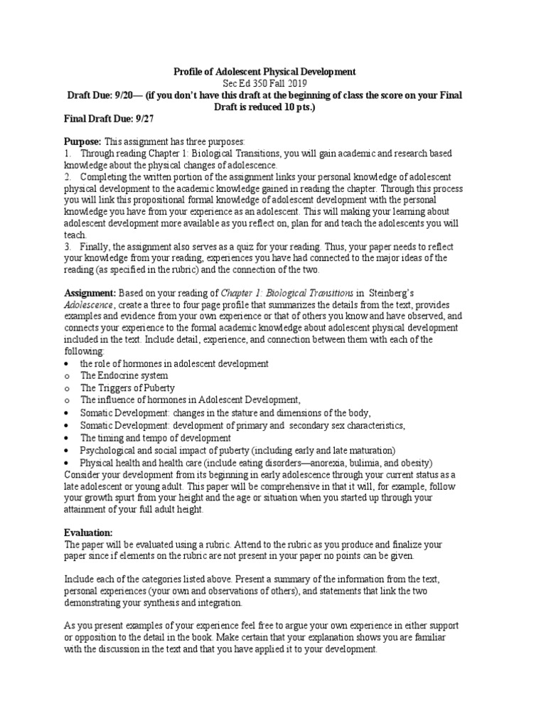 1 Physical Development Assignment 2019 | PDF | Puberty | Adolescence