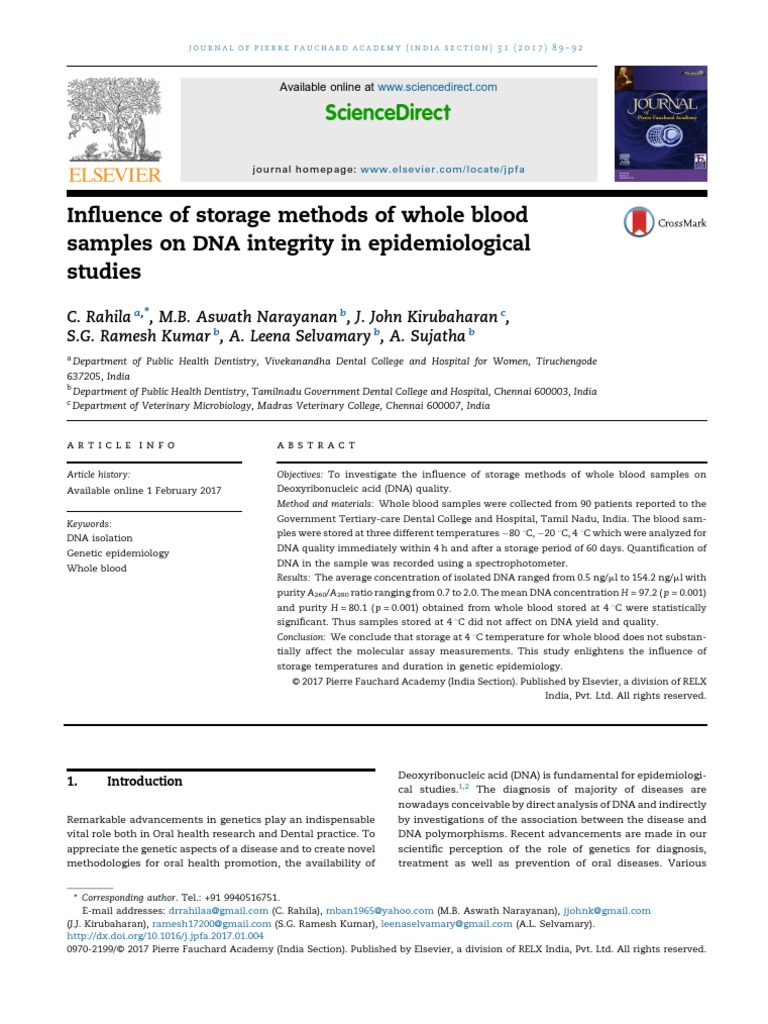 Influence of Storage Methods of Whole Blood Samples On DNA Integrity in ...