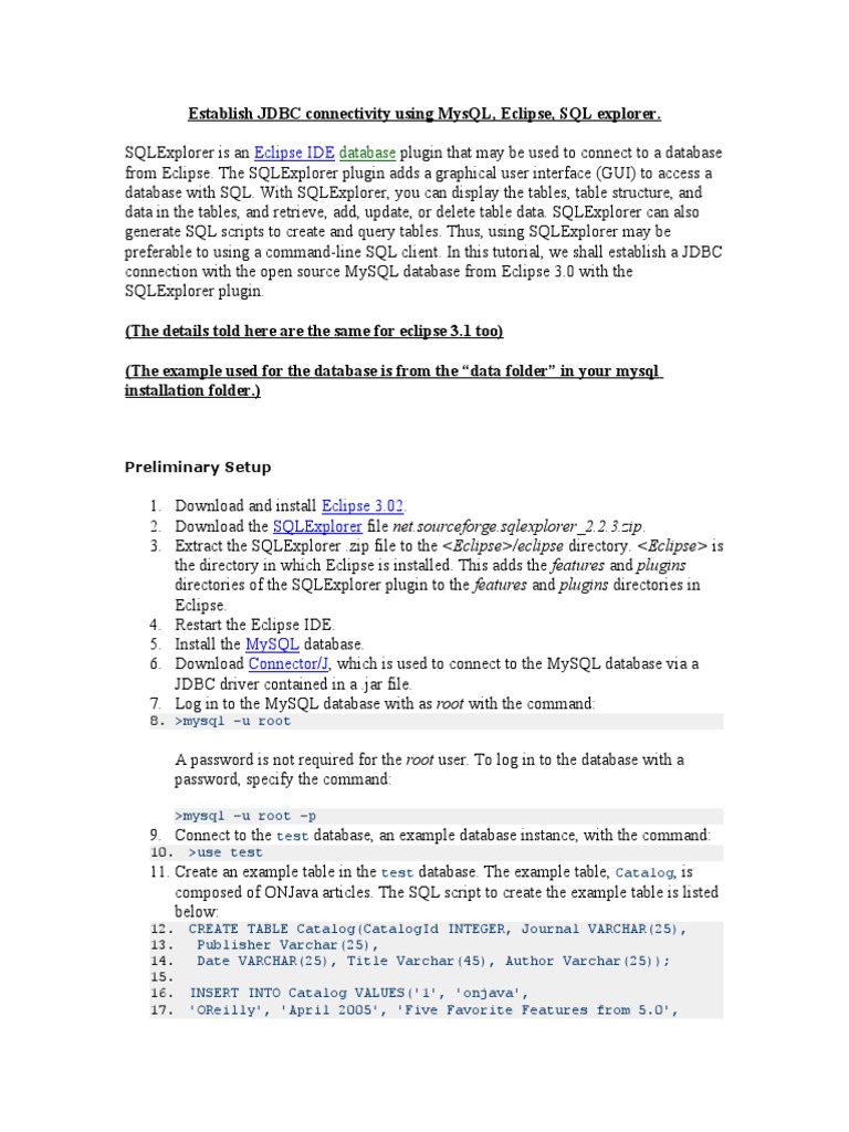 Establish JDBC Connectivity Using Mysql, Eclipse, SQL Explorer | PDF | My Sql | Databases