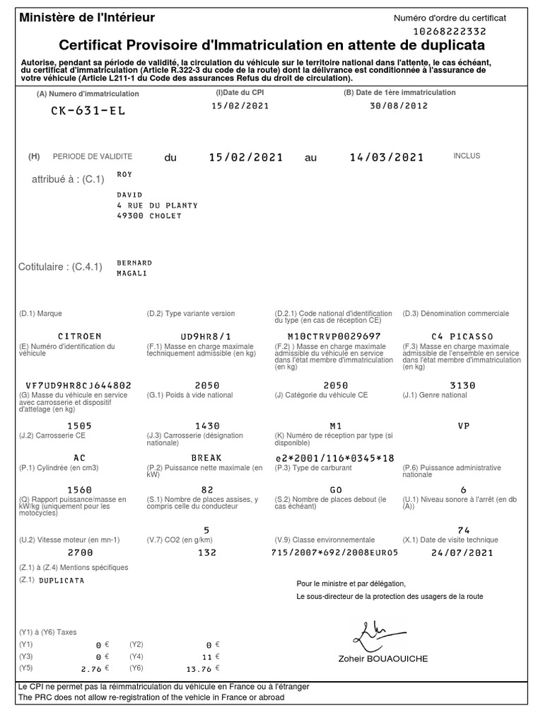Certificat Temporaire Immatriculation | PDF | Plaque d'immatriculation d'un véhicule ...