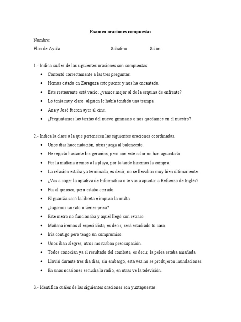 Examen Oraciones Compuestas | PDF | Sintaxis | Gramática