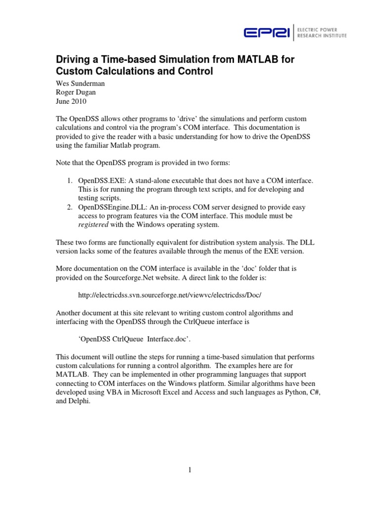 Opendss Time Based Simulations In Matlab Pdf Component Object Model Control Flow