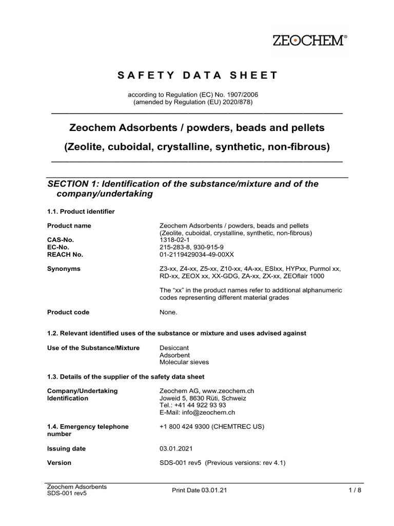 SDS 001 Rev5 Zeochem Molecular Sieves English | PDF | Toxicity | Dangerous Goods