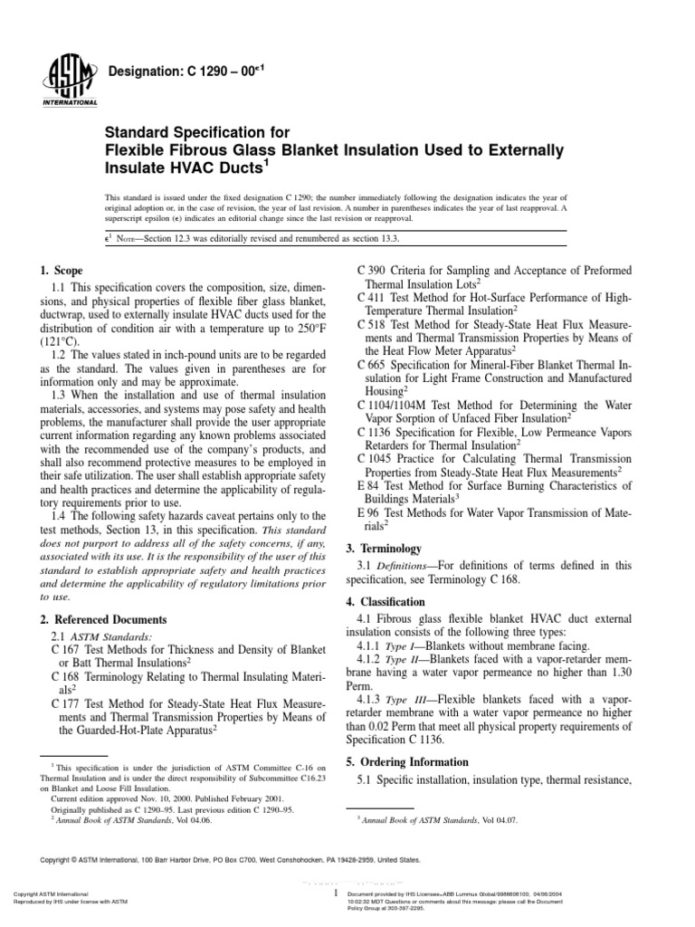 Astm C 1290 - Fibrous Glass Balnket For Ducts | PDF | Building Insulation | Thermal Insulation