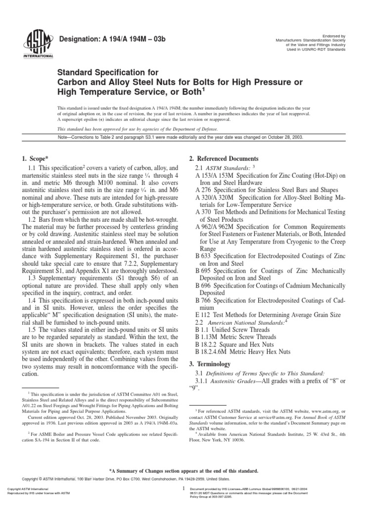 A 194A 194M Carbon and Alloy Steel Nuts For Bolts For High Pressure or ...