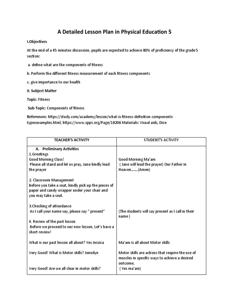 A Detailed Lesson Plan in Physical Education 5 | PDF | Physical Fitness ...