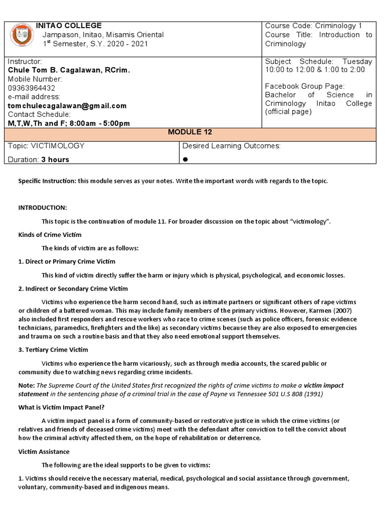 Module 12 Crim. 1 | PDF | Victimology | Crime Prevention