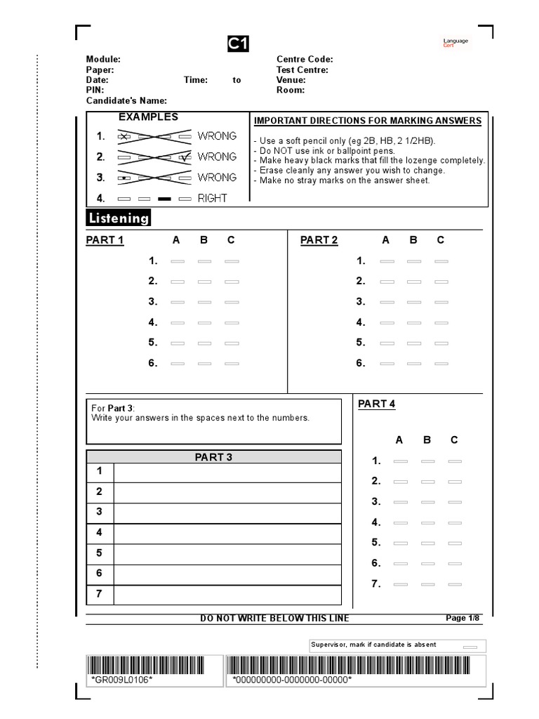 C1 Test Instructions and Answer Sheet | PDF | Writing