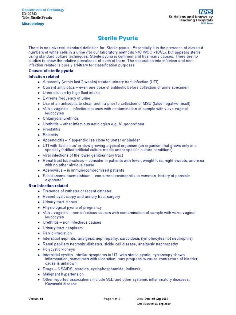 Causes of Sterile Pyuria Infection Related | PDF | Urinary Tract ...