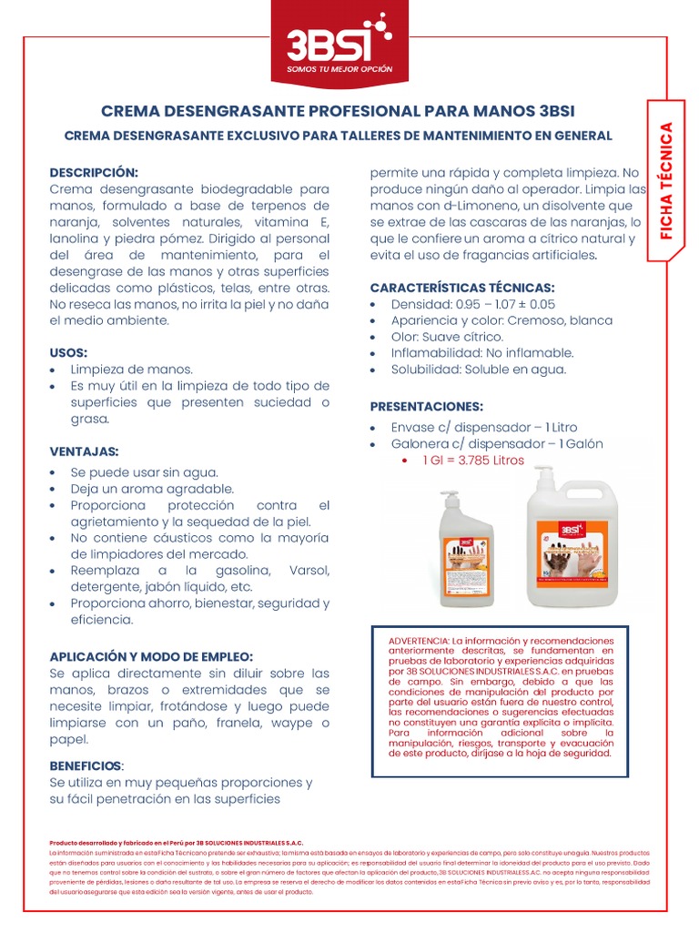 Crema Desengrasante Profesional para Manos 3bsi - FT | PDF