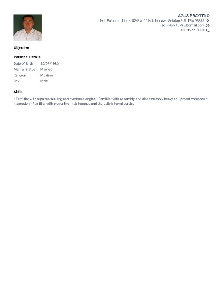 Objective Personal Details: Agus Prayitno | PDF