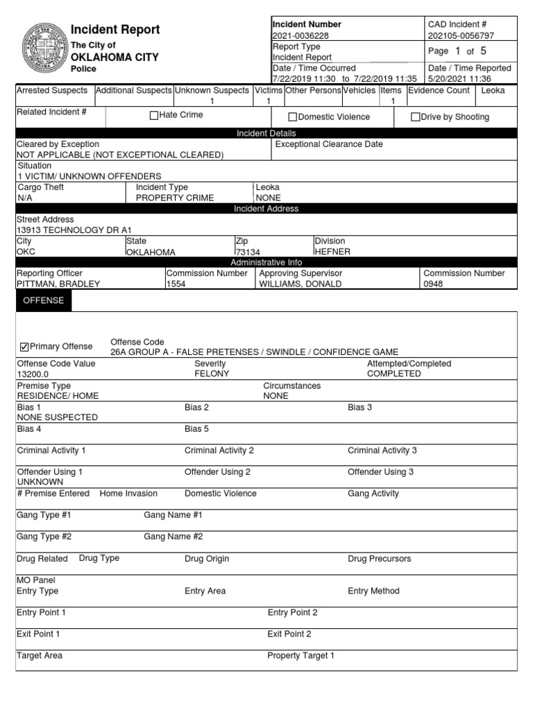 Incident Report: Oklahoma City | PDF | Fraud | Crime & Violence