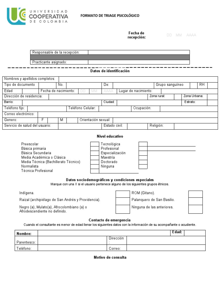 Formato Triage | PDF | Salud mental | Especialidades Medicas