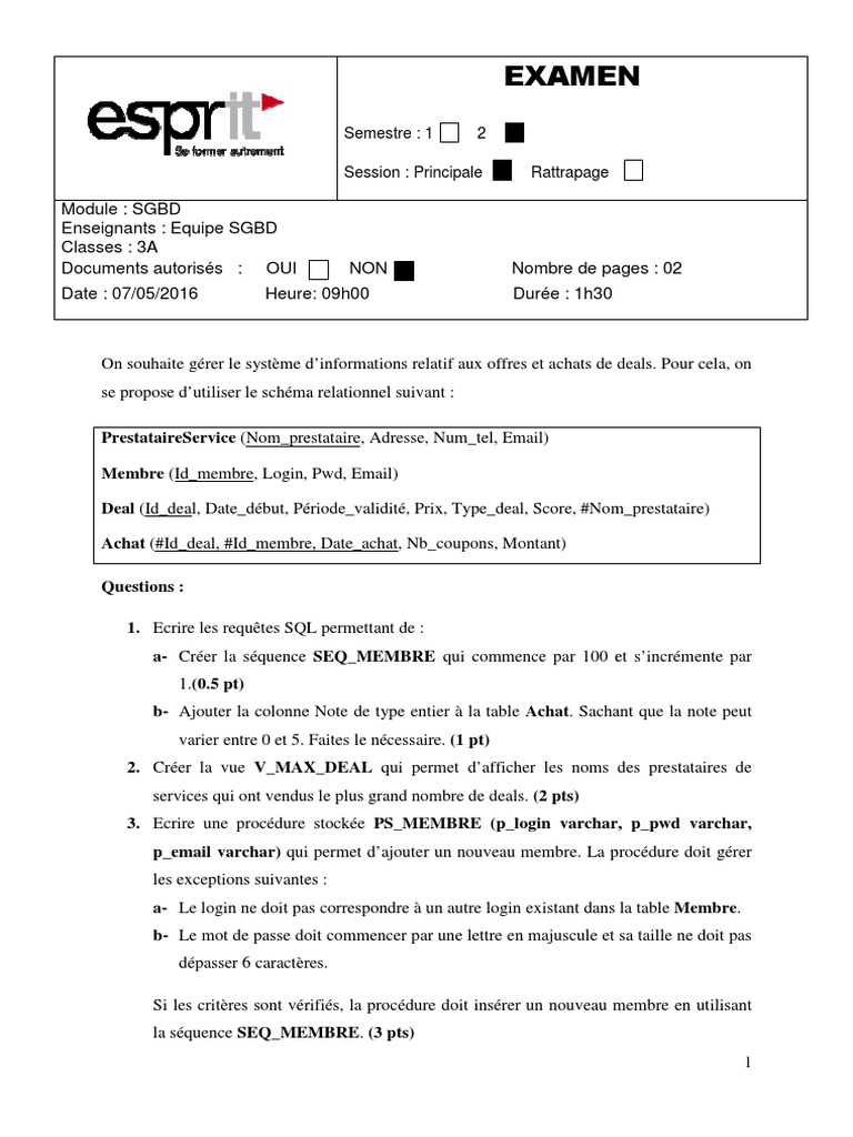 Exam SGBD SP 1516 | PDF | Bases de données | Données informatiques