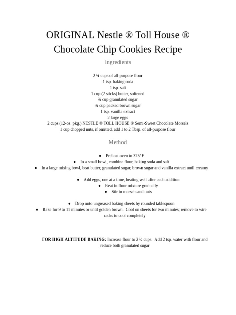 ORIGINAL Nestle ® Toll House ® Chocolate Chip Cookies Recipe | PDF