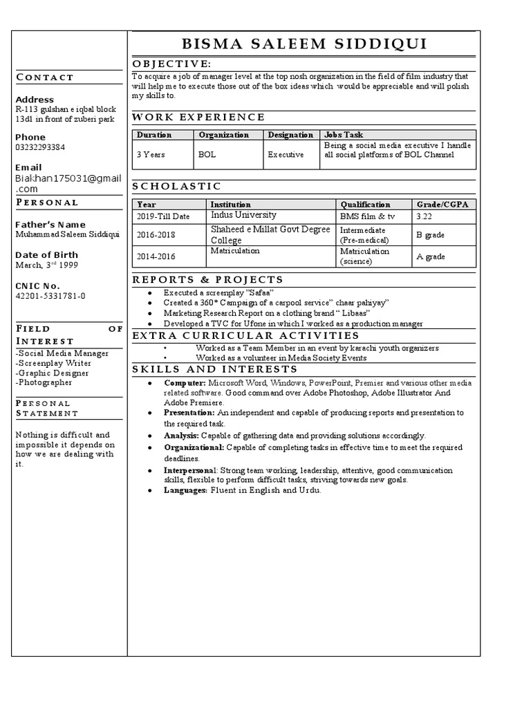Bisma Saleem Siddiqui CV | PDF | Software | Communication