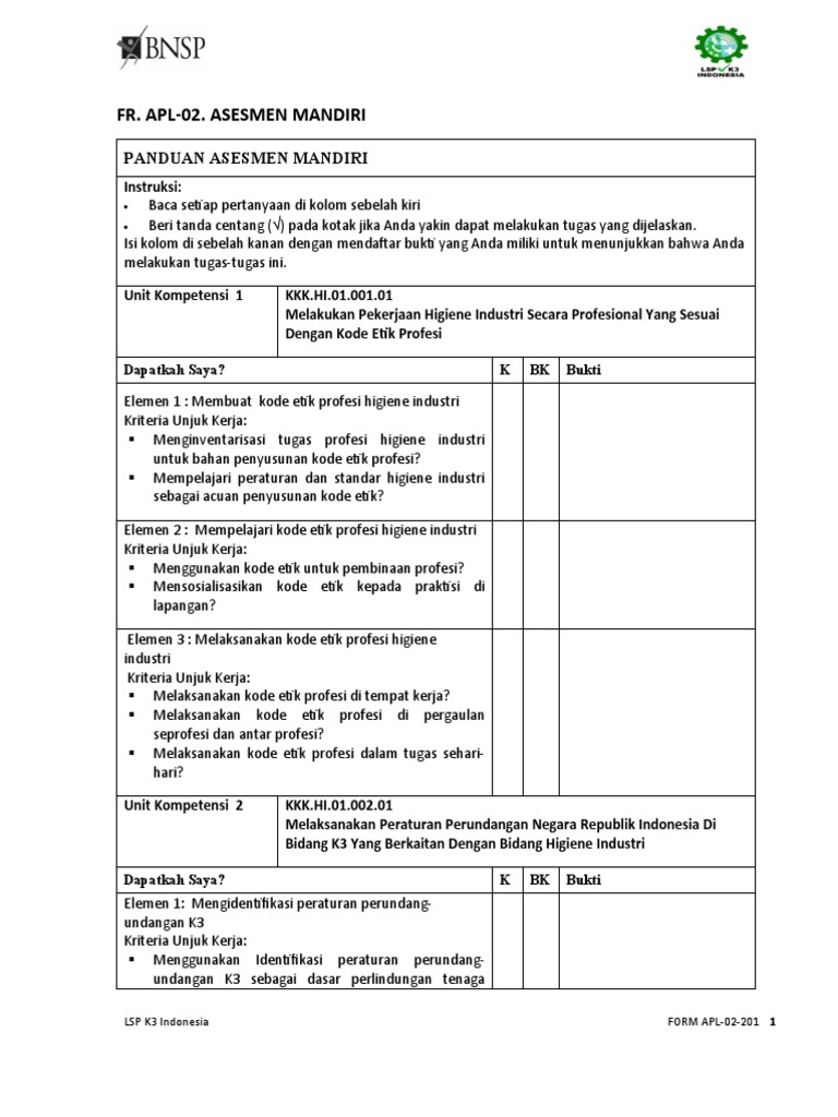 FR - APL-02. Formulir Asesmen Mandiri | PDF