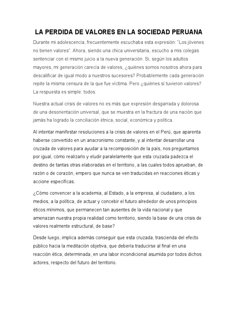 La Perdida de Valores en La Sociedad Peruana | PDF | Comportamiento ...