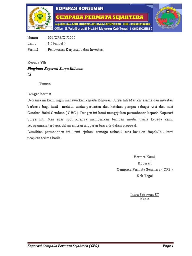 Proposal Pengajuan Dana Koperasi CPS Kab - Tegal | PDF