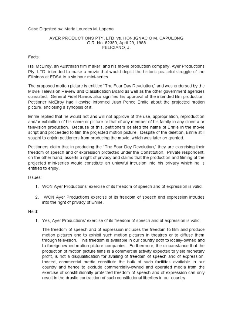 Ayer Productions vs. Capulong | PDF | Juan Ponce Enrile | Privacy