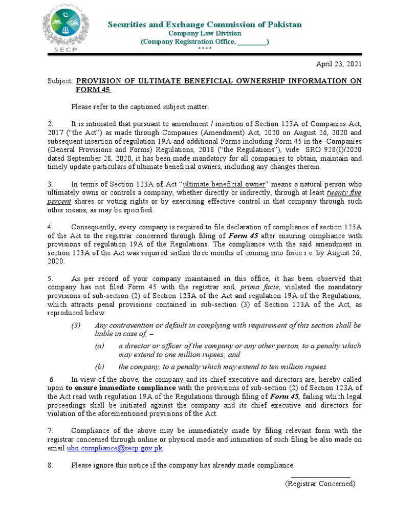 Securities and Exchange Commission of Pakistan: Form 45 | PDF ...