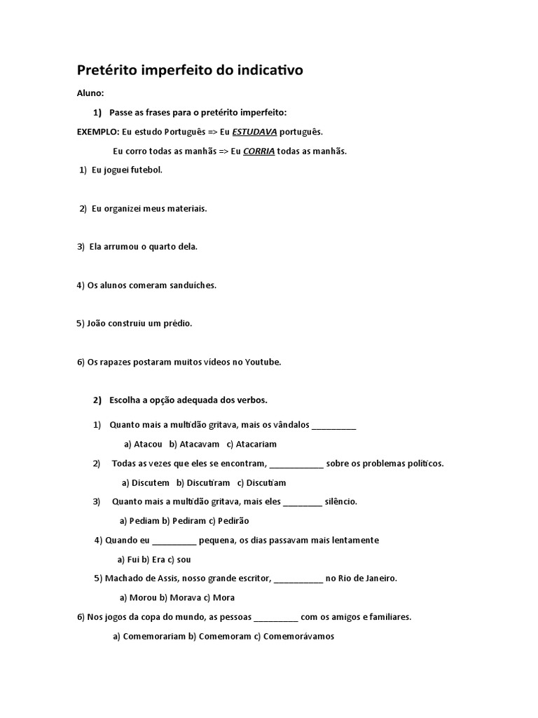 Atividade Sobre Pretérito Imperfeito Do Indicativo | PDF