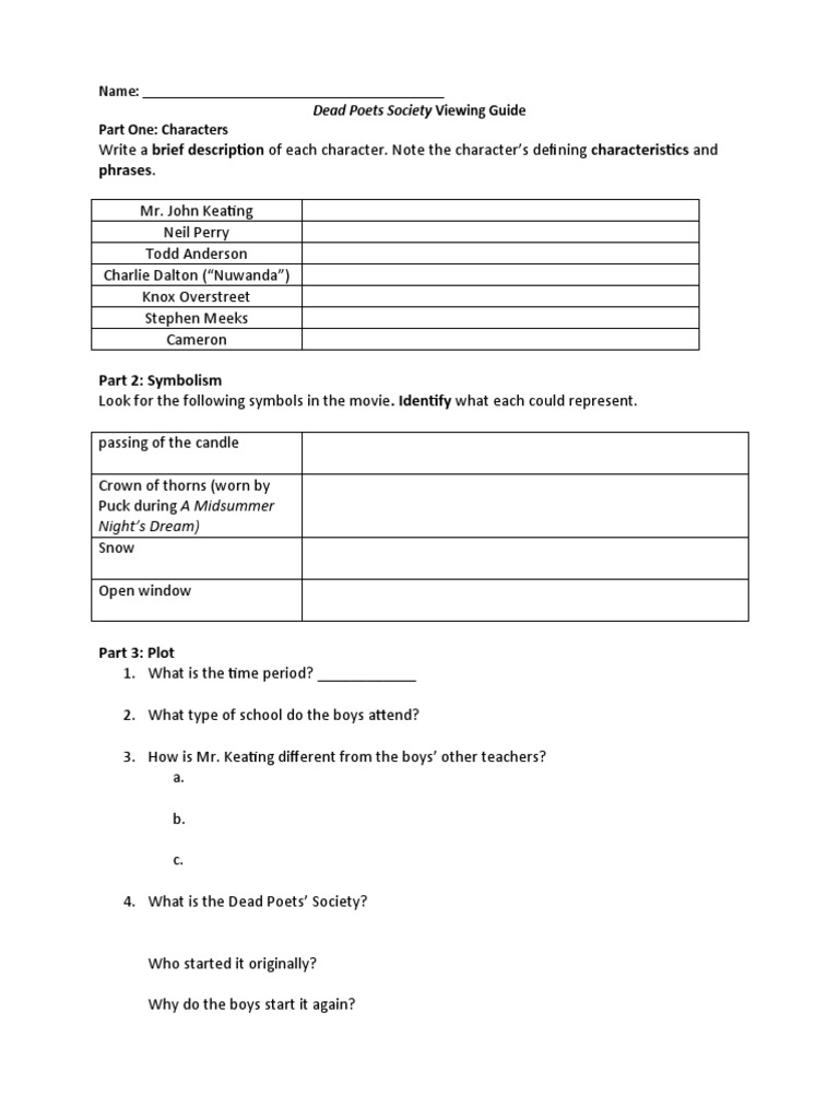 Dead Poets Society Viewing Guide | PDF