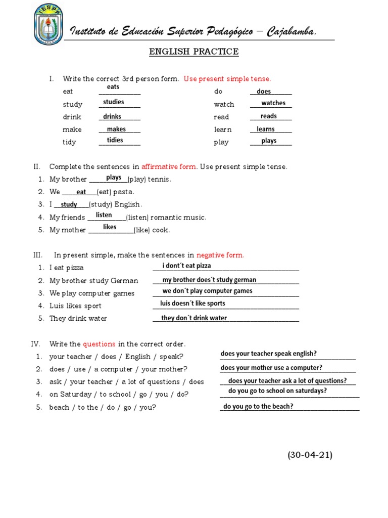 English Practice 1 Present Simple Tense Vii Cominfo | PDF | Languages ...