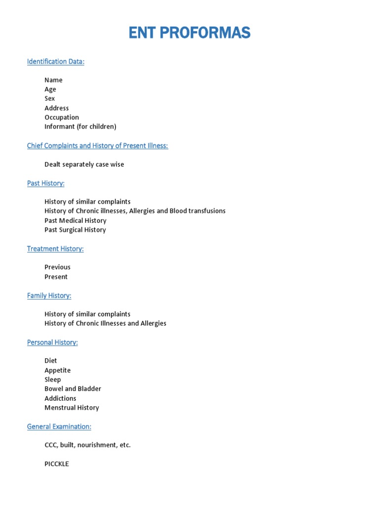 Ent Case Sheet Proforma | PDF | Human Nose | Ear