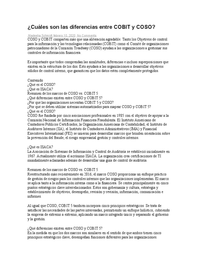 Diferencias Entre Los Modelos COBIT y COSO | PDF | Cobit | Gobernancia