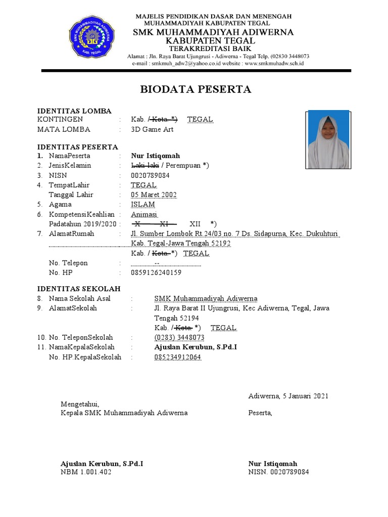 BIODATA PESERTA & PENDAMPING LKS Kabinet Making 2021 - SMKN 2 ADIWERNA ...