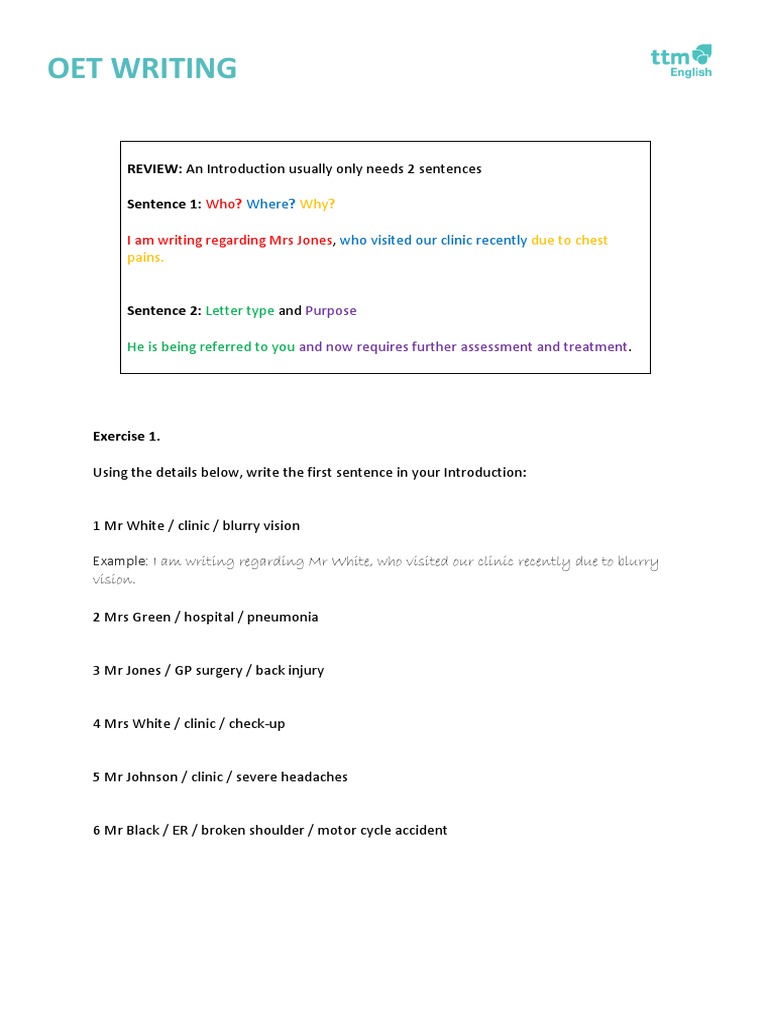 OET Writing Introduction Worksheet Doctor | PDF