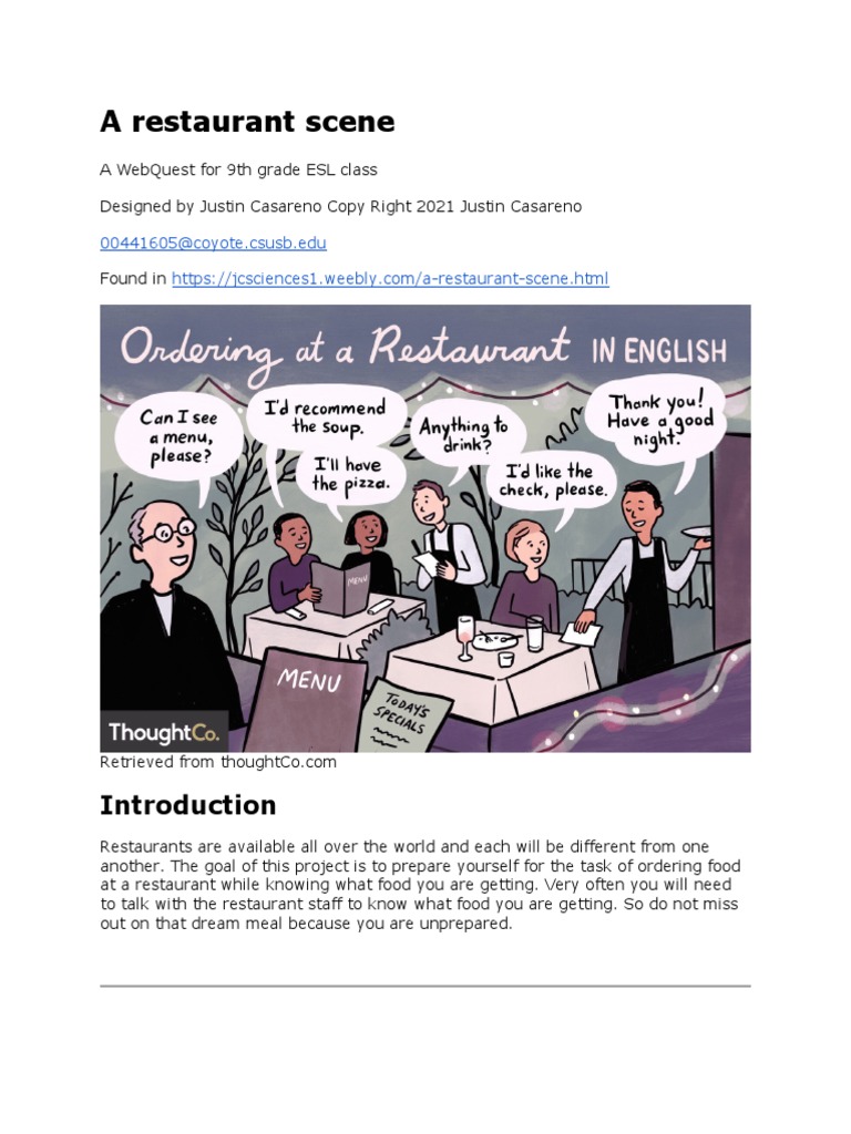 A Restaurant Scene | PDF | Menu | Vocabulary