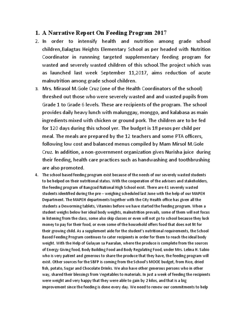 A Narrative Report On Feeding Program 2017 | PDF | Foods | Food And Drink