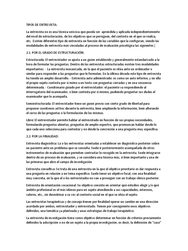 Tipos de Entrevista 1 | PDF | Sicología | Evaluación