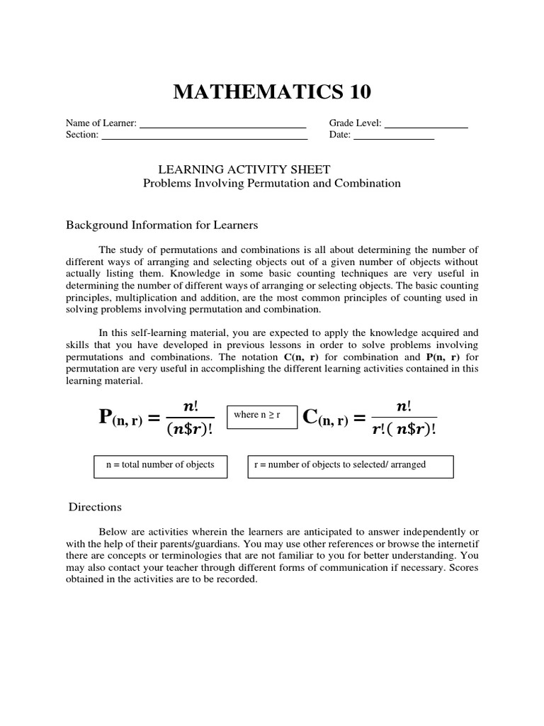 Mathematics 10: Learning Activity Sheet Problems Involving Permutation ...