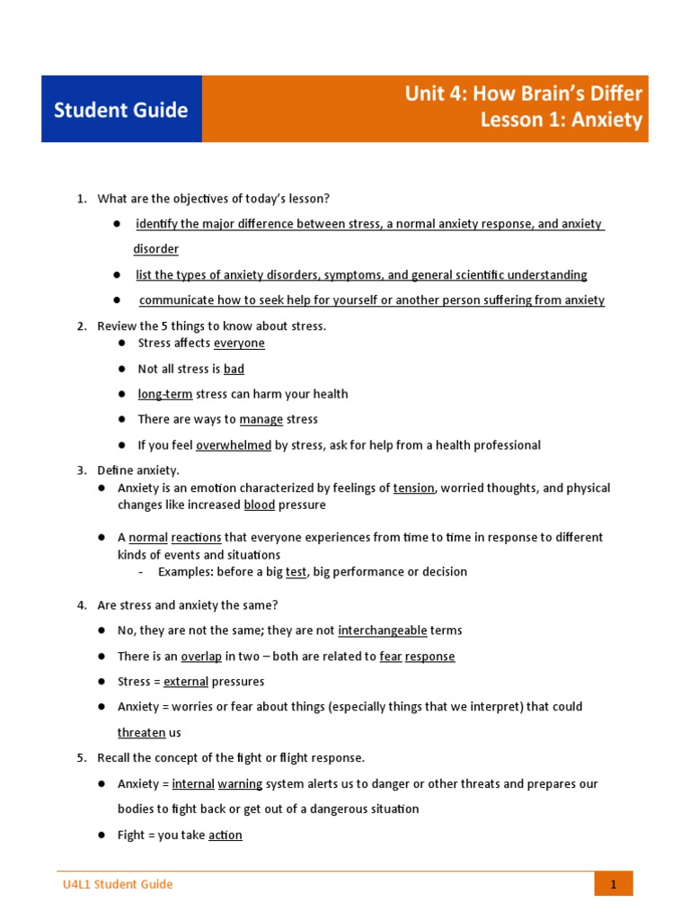 Student Guide Unit 4: How Brain's Differ Lesson 1: Anxiety | Download ...