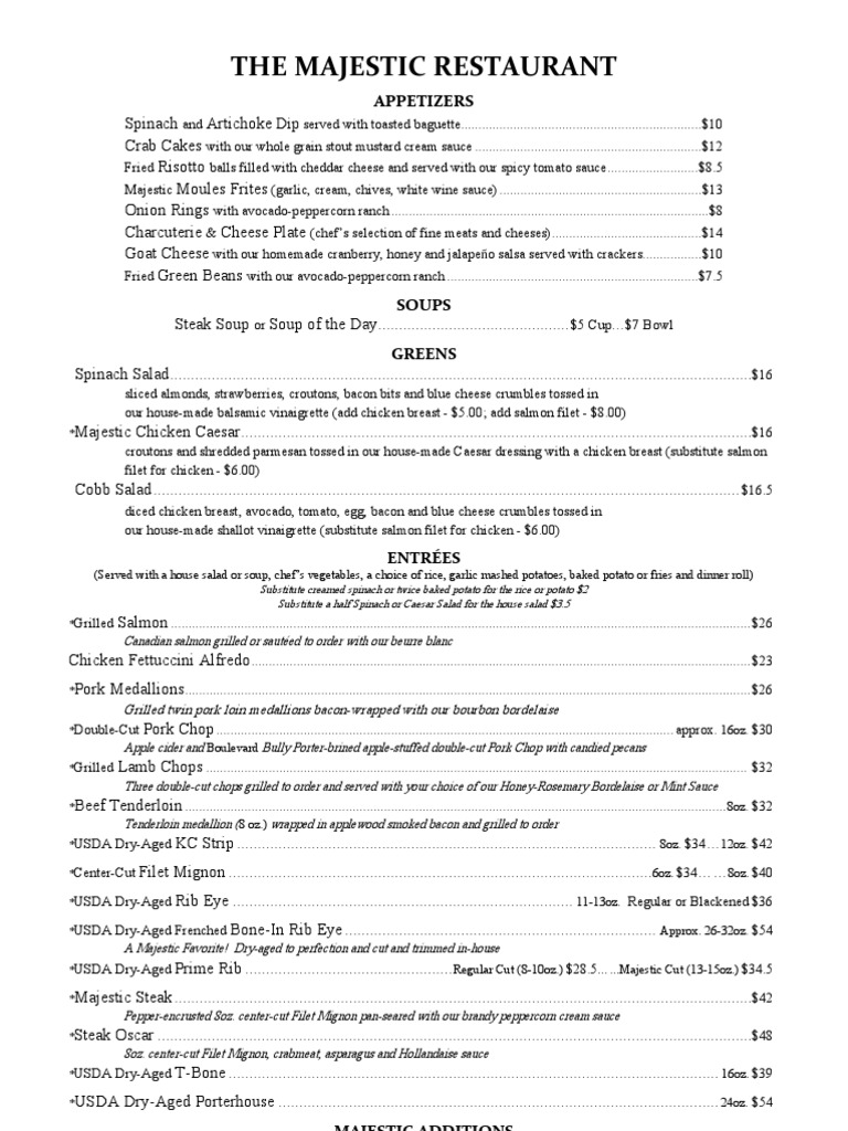 Majestic Dinner Menu | PDF | Salad | European Cuisine