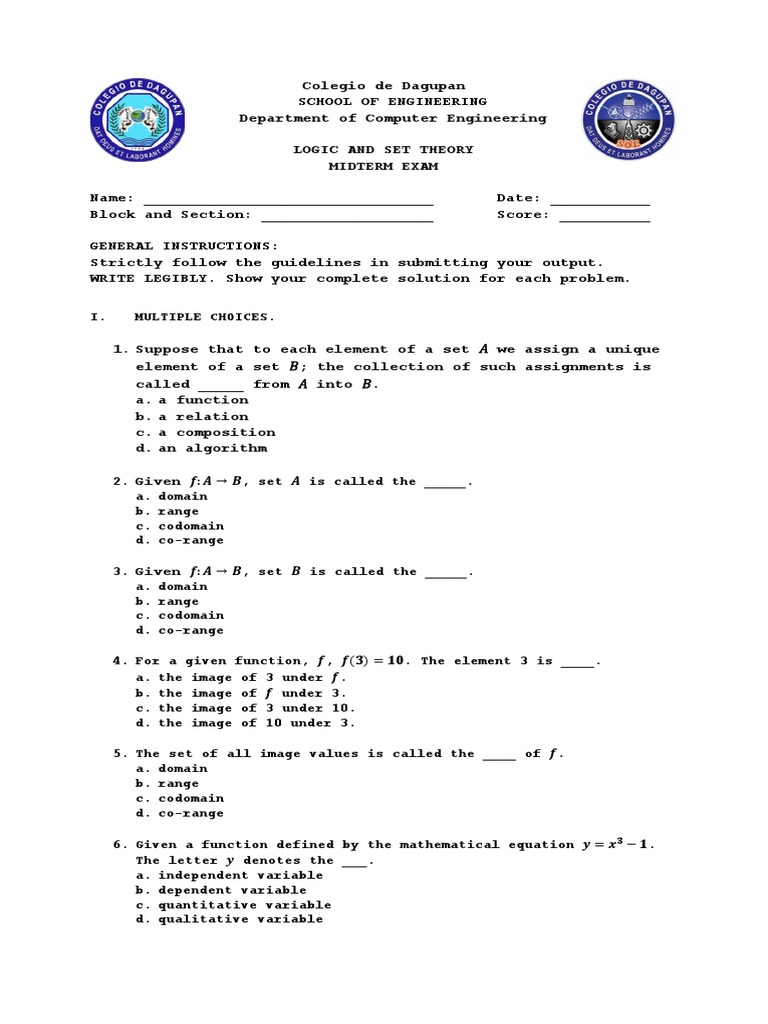 Midterm Exam in Logic and Set Theory | PDF | Function (Mathematics) | Logic Midterm Exam in Logic and Set Theory | PDF | Function (Mathematics) | Logic