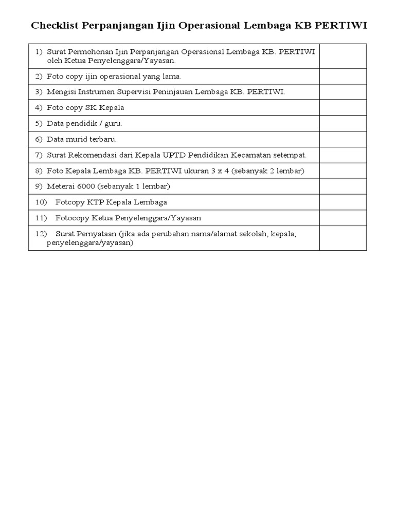 Checklist Pengajuan Ijin KB. PERTIWI Baru Dan Perpanjangan Ijin | PDF