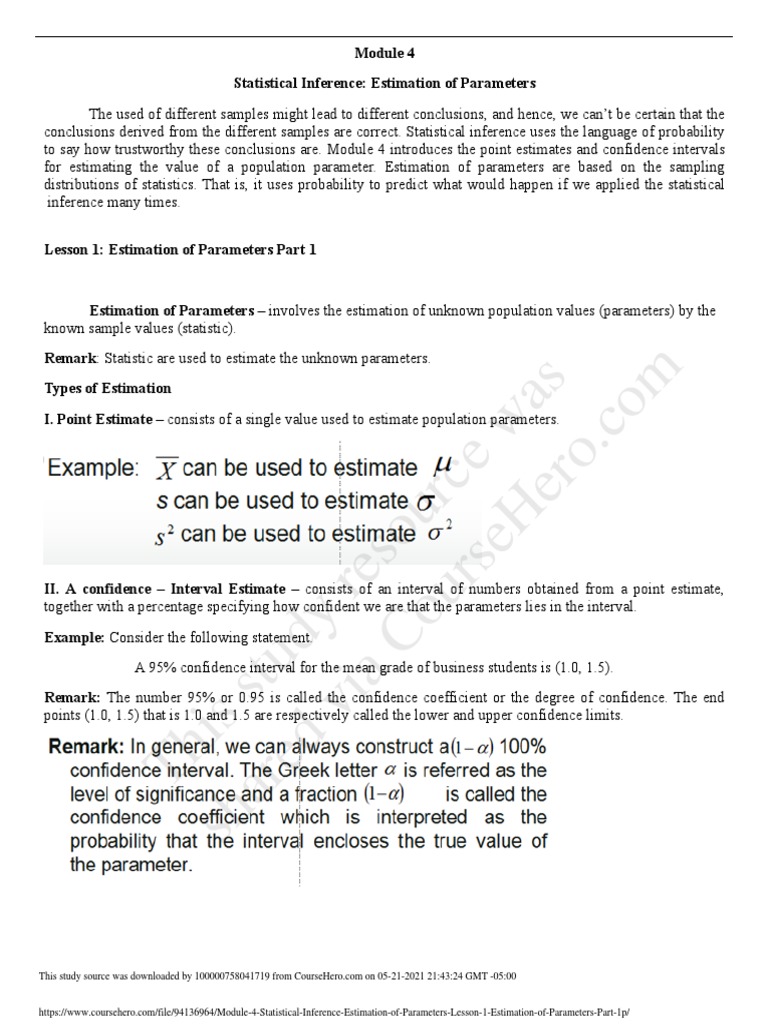 Module 4 Statistical Inference Estimation of Parameters Lesson 1 ...