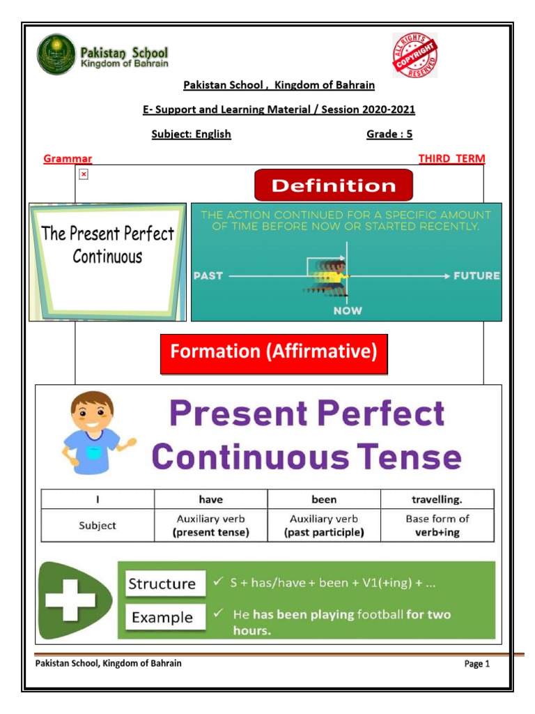 Grade 5 English Present Perfect Continuous Tense (Notes) | PDF