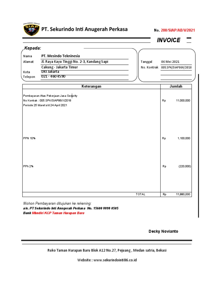 Invoice Pembayaran PT Mesindo Tekninesia | PDF