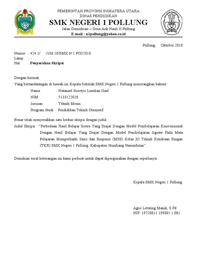 Penyerahan Skripsi Teknik Mesin SMK Pollung | PDF