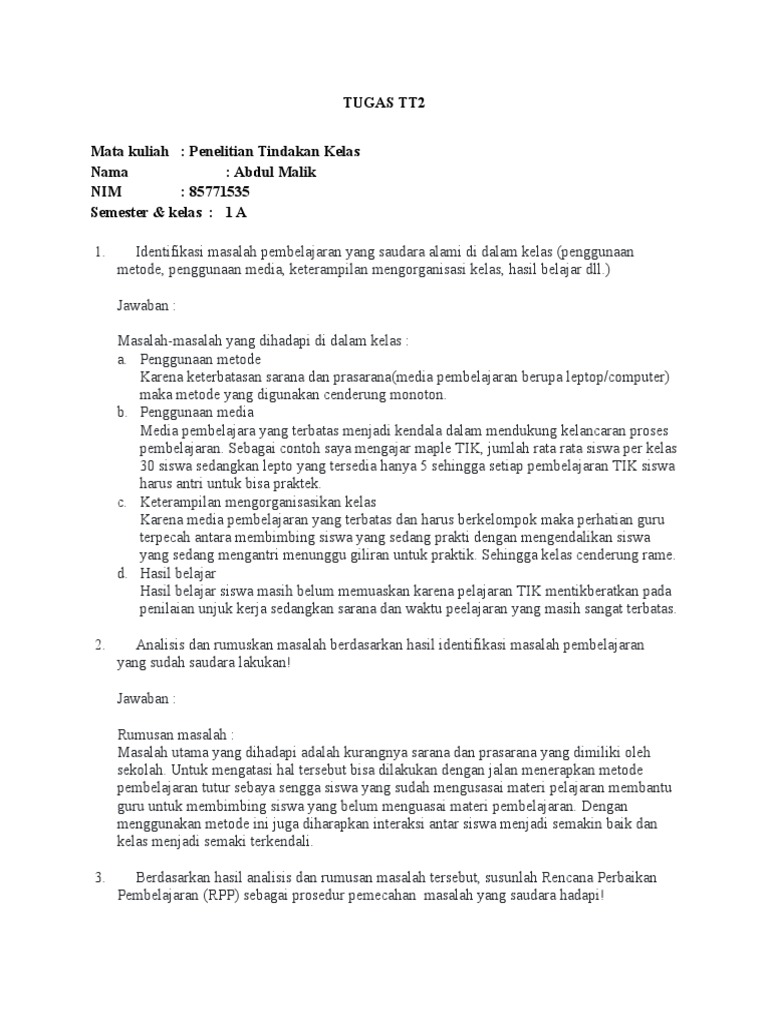 Tugas TT2 Penelitian Tindakan Kelas | PDF