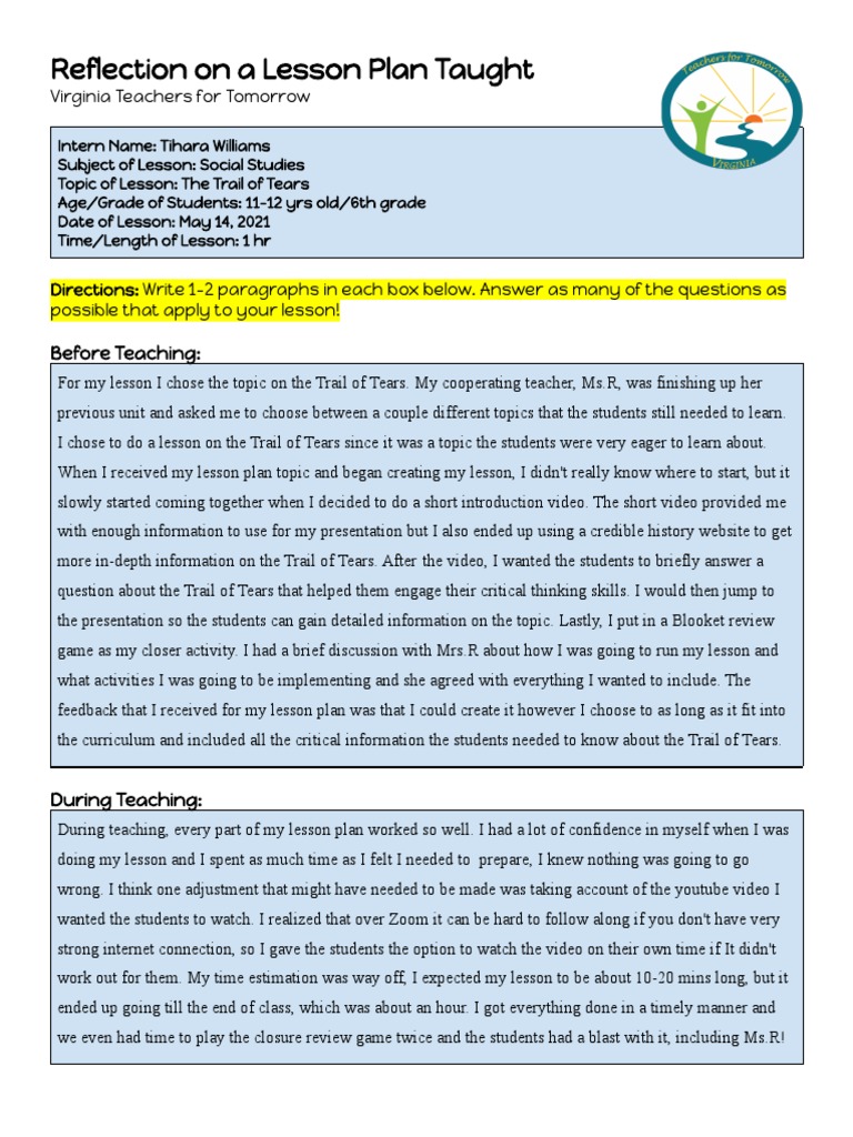 Reflection On A Lesson Plan Taught: Before Teaching | PDF | Lesson Plan ...